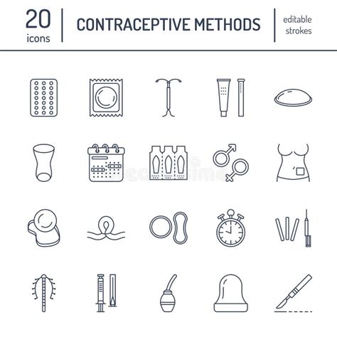 Contraceptive Methods Line Icons Birth Control Equipment Condoms Oral Contraceptives Iud