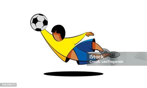 축구 골키퍼 캐릭터 점프에 공을 잡는 다 흰색 바탕에 노란색과 파란색 옷에서 만화 축구 선수 공 스포츠 장비에 대한 스톡 벡터 아트 및 기타 이미지 Istock