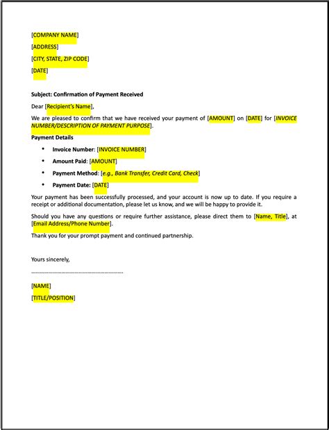 Confirmation Of Payment Letter Free Template