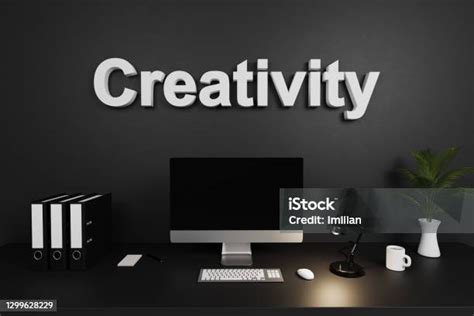 컴퓨터 화면과 어두운 콘크리트 벽현대 클린 오피스 작업 공간 창의성 문자 3d 일러스트레이션 공부에 대한 스톡 사진 및 기타 이미지 Istock