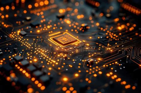Close Up View Of A Computer Circuit Board With Glowing Components At Night Stock Illustration