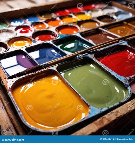 Paint Palette Showing Variety And Assortment Choice Of Colors For Art
