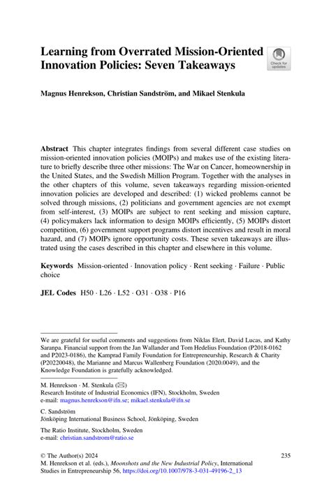Pdf Learning From Overrated Mission Oriented Innovation Policies Seven Takeaways
