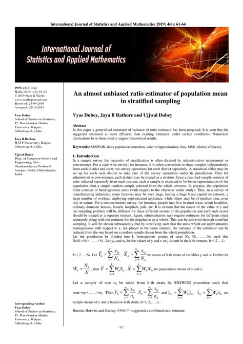 Pdf An Almost Unbiased Ratio Estimator Of Population Mean In