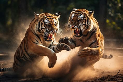 서로 생성 인공 지능과 흙에서 싸우는 두 호랑이 프리미엄 사진