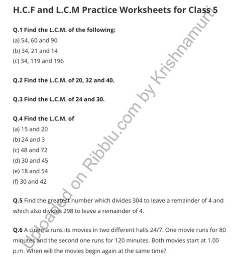 hcf and lcm worksheets for class 5