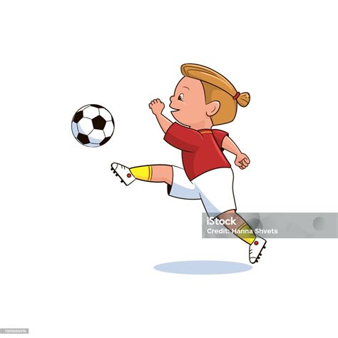 소년 축구 선수가 점프에서 공을 걷어차 만화 스타일의 벡터 일러스트레이션 흑백 선 아트 건강한 생활방식에 대한 스톡 벡터 아트