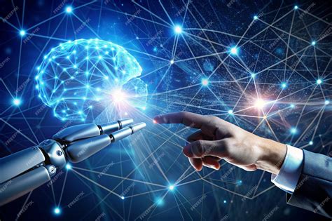 Machine Learning Hand Touch A Robot On Network And Binary Data Futuristic Artificial