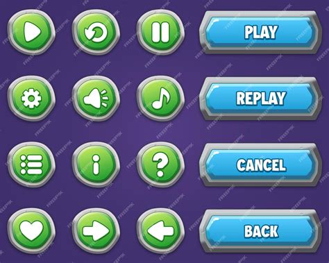 Premium Vector Set Of Game Buttons With Editable Text Effect And Icons In Stone Style Gui