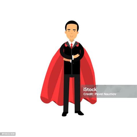 고전적인 비즈니스 남성 영웅 넥타이 빨간 케이프와 맞게 만화 남자 캐릭터 서 두 팔을 교차 하는 직업 또는 경력입니다 평면 벡터