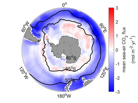 Temporal Mean Southern Ocean Carbon Flux From 1982 Through 2016 Blue