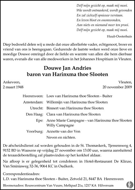 Baron Douwe Jan Andries Harinxma Thoe Slooten 20 11 2009 Overlijdensbericht En Condoleances