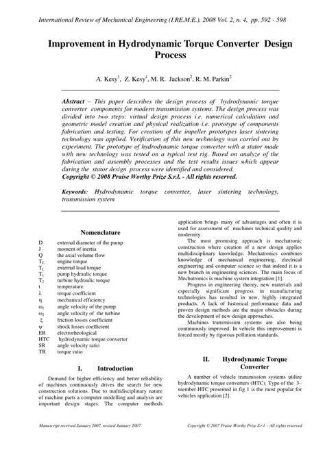 Pdf Improvement In Hydrodynamic Torque Converter Design Process