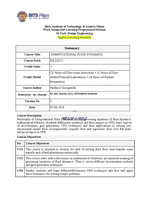 De Zg515 Course Handout Pdf Computational Fluid Dynamics Fluid