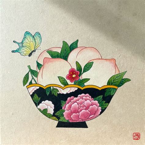 Kijin Seoul On Instagram 소과도복숭아🍑 어피치 생각남 ㅎㅎ 귀엽네😍 그림스타그램 그림 복숭아그림 예쁜그림 민화클래스 채색화 한지