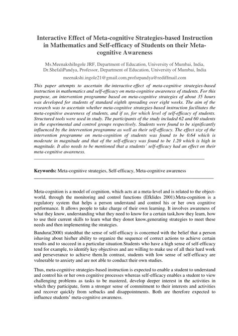 Pdf Interactive Effect Of Meta Cognitive Strategies Based Instruction In Mathematics And Self