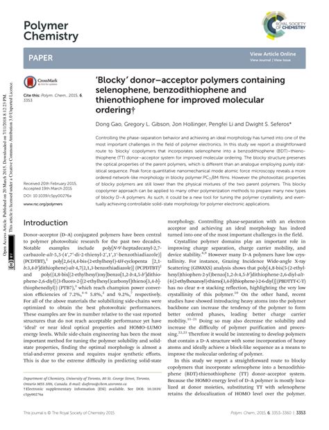 Pdf ‘blocky Donor Acceptor Polymers Containing Selenophene Benzodithiophene And