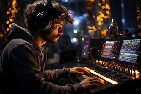 Listening To The Music Sound Engineer In Headphones Premium Ai Generated Image