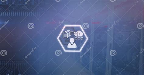 network of digital icons against microprocessor connections and computer server room stock