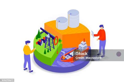 3d 아이소메트릭 디자인의 석유 산업 개념 생산 저장 선박용 기계를 갖춘 플랜트 스테이션과 함께 연료 사업에 종사하는 사람들 웹 그래픽을 위한 등각측정 장면이 있는 벡터