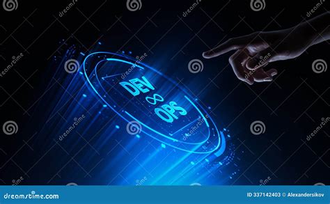 devops dev ops software development concept human hand touching futuristic virtual screen with