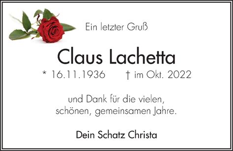 Traueranzeigen Von Claus Lachetta Trauer Anzeigende