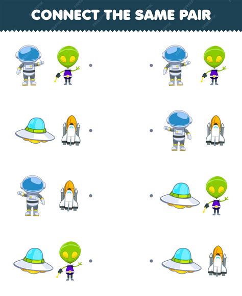 어린이를 위한 교육 게임은 귀여운 만화 우주 비행사 우주선 외계인과 Ufo 쌍 인쇄 가능한 태양계 워크시트의 동일한 그림을 연결합니다 프리미엄 벡터