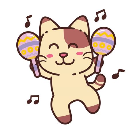 Cute Adorable Happy Brown Cat Dance With Maraca Music Cartoon Doodle