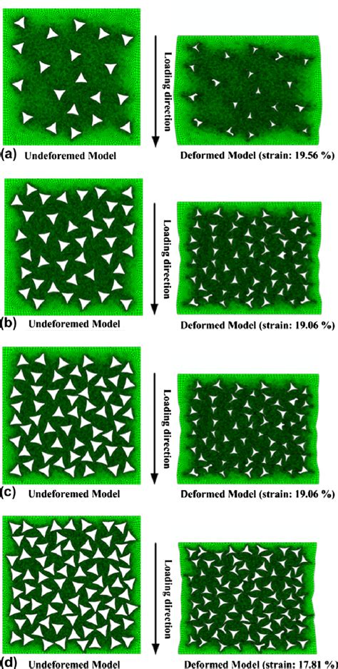 undeformed and deformed finite element models with different numbers of