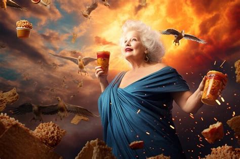 Premium Photo Old Beautiful Woman Drinks Fizzy Drink Holds Nuggets