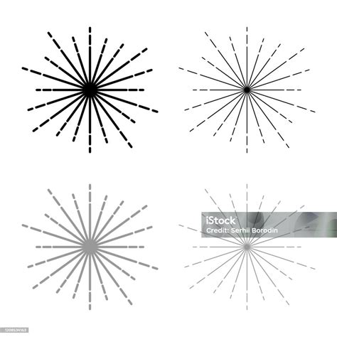 선버스트 불꽃놀이 광선 방사형 광선 선 스파클 글레이즈 플레어 스타버스트 동심 광채 선 아이콘 윤곽 세트 블랙 그레이 컬러 벡터 일러스트 플랫 스타일 이미지 반지름 원형에