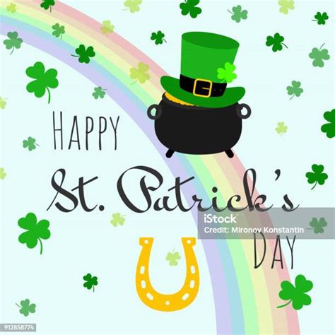 해피 성 패 트 릭의 날 축 하 엽서 벡터 일러스트 금 요정의 모자 클로버 Shamrocks Raindbow 마술과 행운에 대 한 말굽의 냄비 St Patricks
