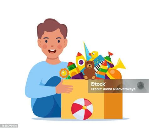 장난감으로 가득 찬 장난감 상자를 들고 있는 행복한 소년 아이 큐브 소용돌이 오리 공 딸랑이 피라미드 파이프 곰 공 로켓 탬버린