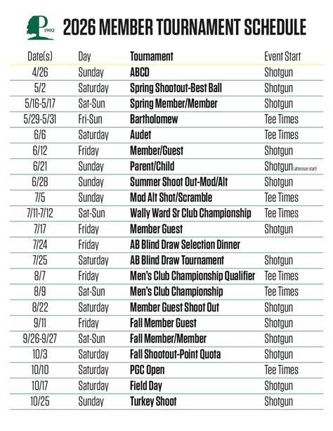 2026 Member Tournament Schedule Pequabuck Golf Club