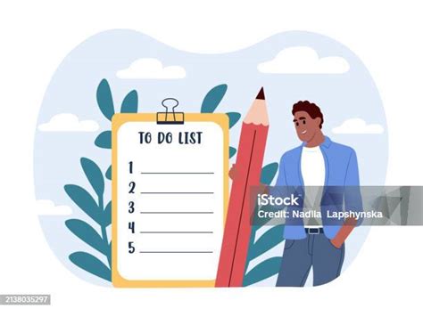 거대한 체크리스트 옆에 서서 펜을 들고 있는 남자 월간 계획 할 일 목록 시간 관리 성공적인 작업 완료 효과적인 일일 계획의 개념 쥠에 대한 스톡 벡터 아트 및 기타 이미지