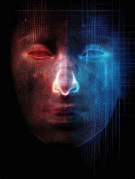 Face Recognition Mesh Scanning Display With Glowing Red And Blue