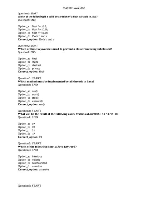 Java Mcq Csa0917 Word Format Pdf Class Computer Programming