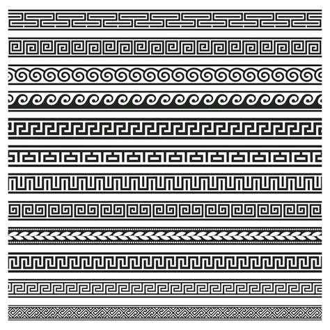 고대 그리스 국경 그리스 로마 Meander 및 파도 장식 완벽 한 패턴 그림 세트 프리미엄 벡터