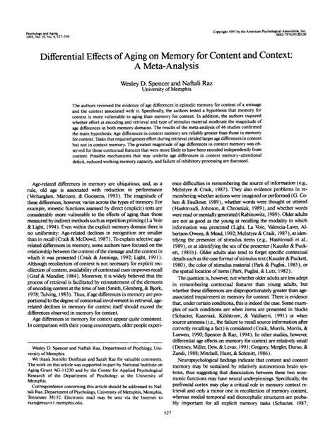 Pdf Differential Effects Of Aging On Memory For Content And Context A Meta Analysis