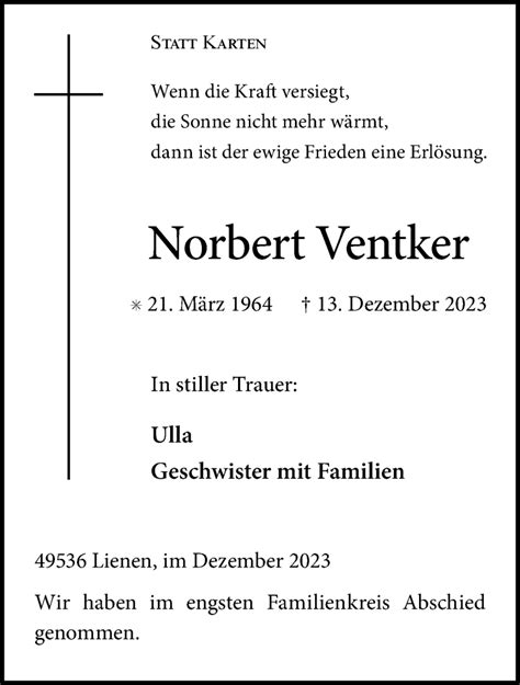 Traueranzeigen Von Norbert Ventker Trauerms