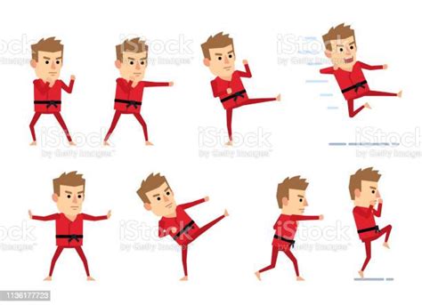 다양 한 행동을 보여주는 붉은 기모노의 스포츠맨 캐릭터 세트 재미 있는 스포츠맨 점프 발로 공격 하 고 다른 행동을 보여주는