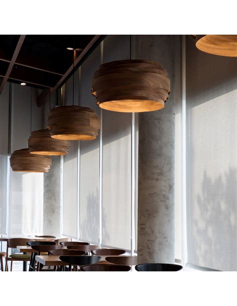 Rustic Wood Drum Veneer Pendant Light Kiki Lighting