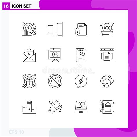 Mobile Interface Outline Set Of 16 Pictograms Of Dollar Letter Document Hardware Disk Stock