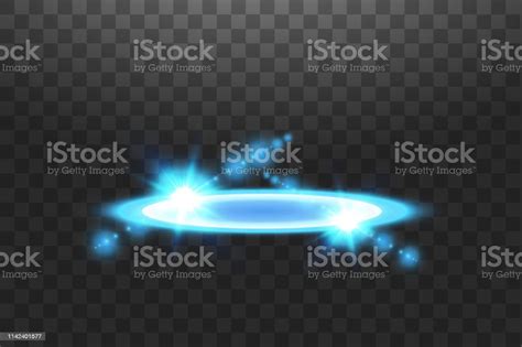 미래의 텔레포트 마법의 판타지 포털 빛 효과 푸른 양 초 투명 한 배경에 스파크와 밤 장면의 광선 연단의 빈 조명 효과 디스코 클럽 댄스 플로어 3차원 형태에 대한 스톡