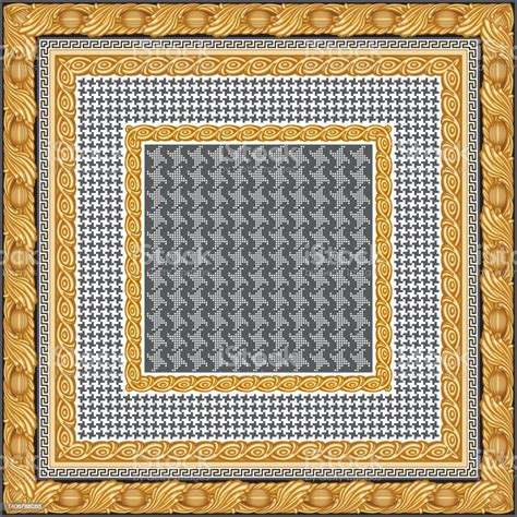 Bandana 그리스 황금 프레임이있는 흑백 닭 발 패턴 배경에 포켓 사각형 범위 인쇄 브러시 팔레트의 4 골드 테두리 패턴 브러시 라인석에 대한 스톡 벡터 아트 및 기타