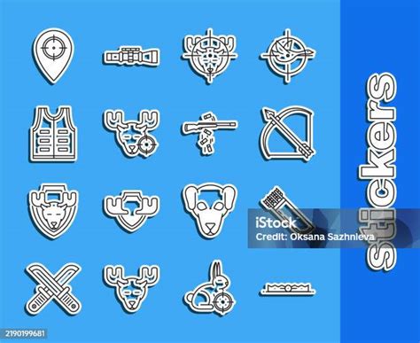세트 라인 함정 사냥 화살이 있는 화살통 활과 화살통 무스 십자선에 사냥 사냥 재킷 장소 및 총 사격 아이콘 벡터 과녁에 대한 스톡 벡터 아트 및 기타 이미지 Istock