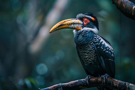 A Hornbill Perched On A High Branch With Its Large Beak Prominently