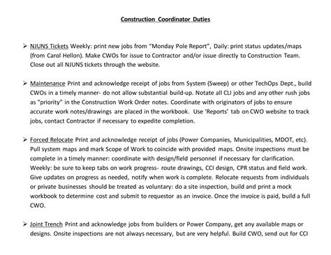Construction Coordinator Duties Docx