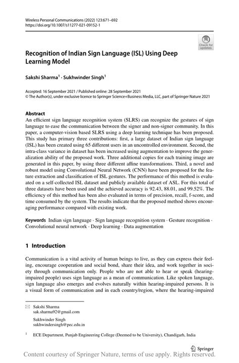 Recognition Of Indian Sign Language Isl Using Deep Learning Model