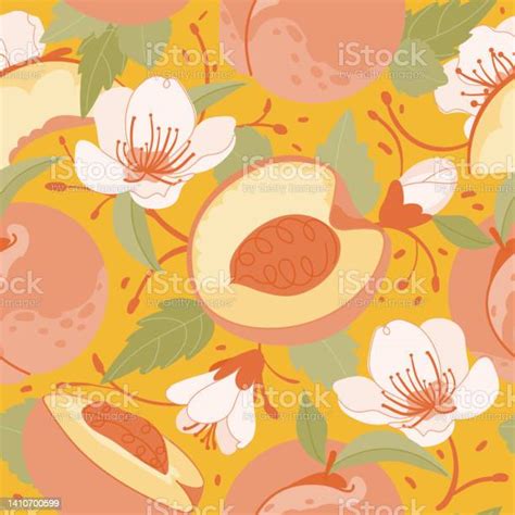 복숭아 꽃 전체 및 절반 과일과 원활한 벡터 패턴 여름 육즙이 많은 과일 노란색 배경 복숭아 반복 인쇄 배경 화면 0명에 대한 스톡 벡터 아트 및 기타 이미지 Istock